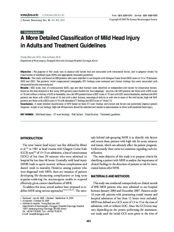 (PDF) A more detailed classification of mild head injury in adults and ...
