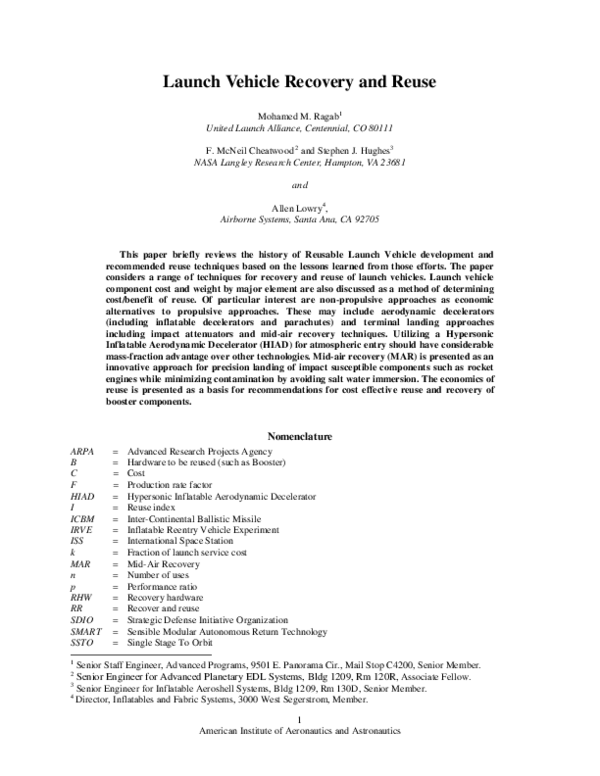 (PDF) Launch Vehicle Recovery and Reuse