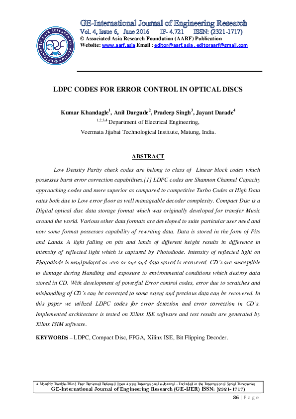 (PDF) LDPC Codes for Error Control in Optical Discs