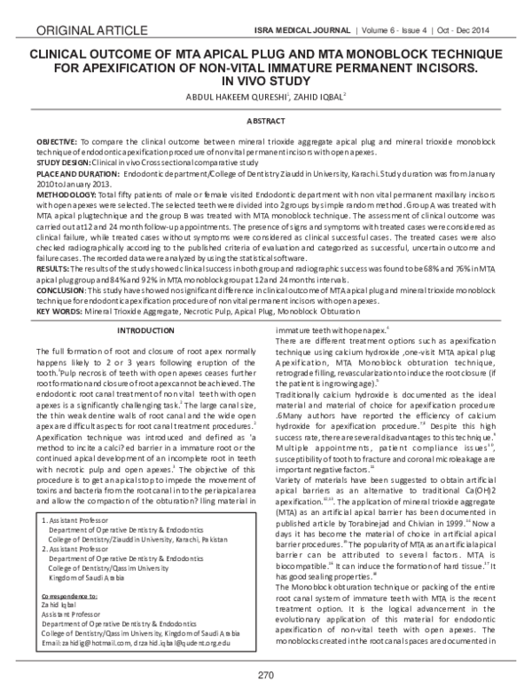 (PDF) Clinical Outcome of Mta Apical Plug and Mta Monoblock Technique ...