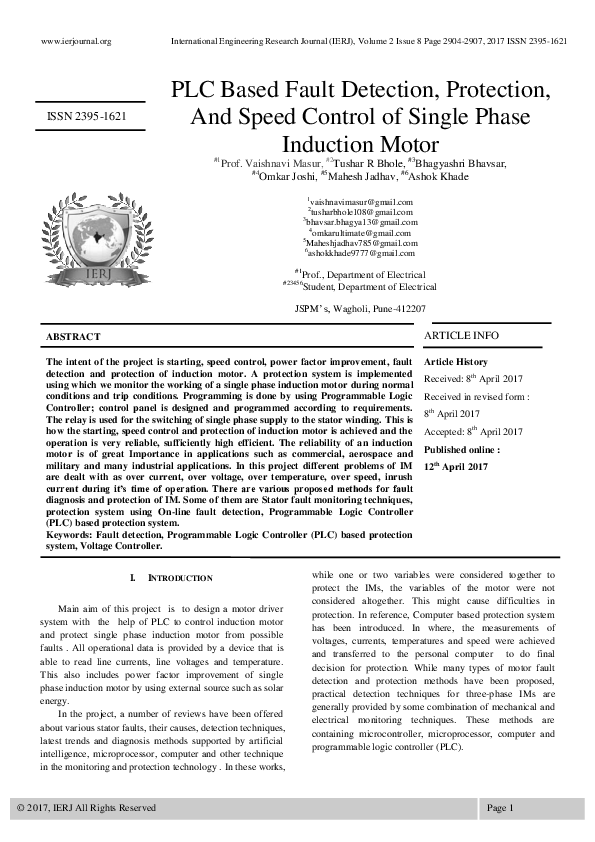 Pdf Plc Based Fault Detection Protection And Speed Control Of Single Phase Induction Motor