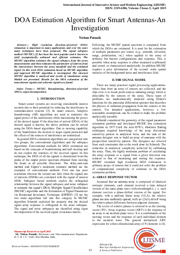 (PDF) DOA Estimation Algorithm for Smart Antennas-An Investigation