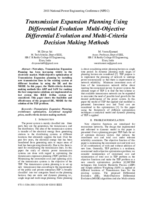 (PDF) Transmission Expansion Planning Using Differential Evolution Multi-Objective Differential ...