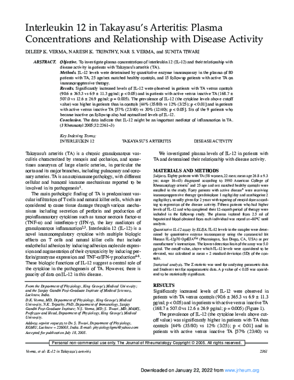 (PDF) Interleukin 12 in Takayasu's arteritis: plasma concentrations and ...