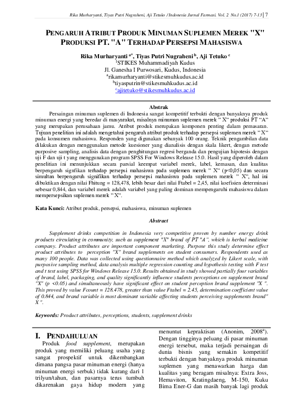 (PDF) Pengaruh Atribut Produk Minuman Suplemen Merek "X" Produksi Pt ...