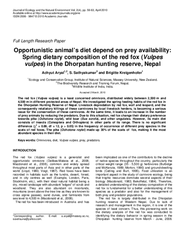(PDF) Opportunistic animals diet depend on prey availability: spring ...