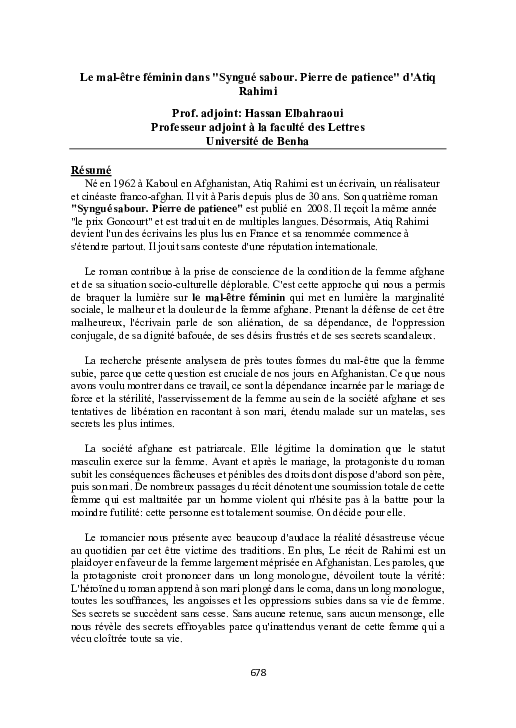 (PDF) Le mal-être féminin dans "Syngué sabour. Pierre de patience" d ...