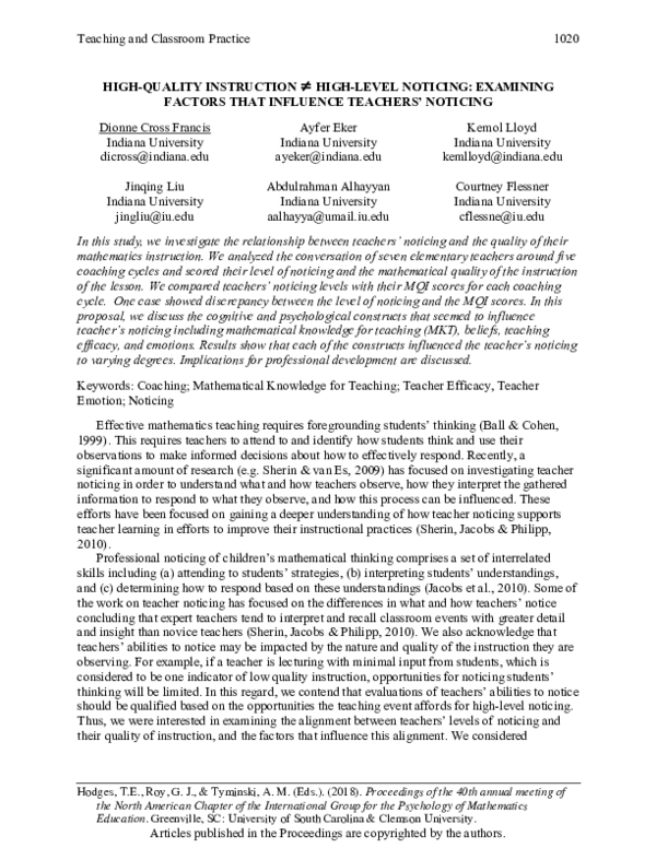 (PDF) High-Quality Instruction [does not equal] High-Level Noticing ...