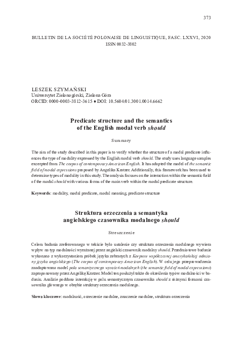 (PDF) Predicate structure and the semantics of the English modal 'should' | Leszek Szymański ...