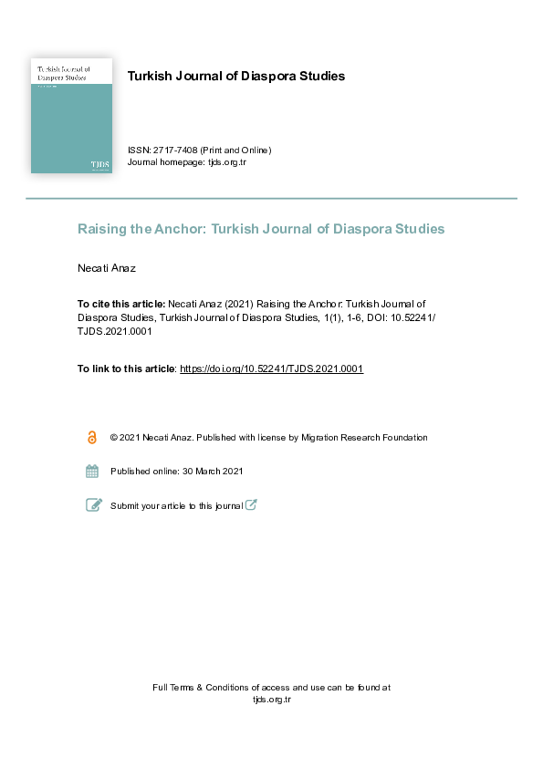 (PDF) Raising the Anchor: Turkish Journal of Diaspora Studies