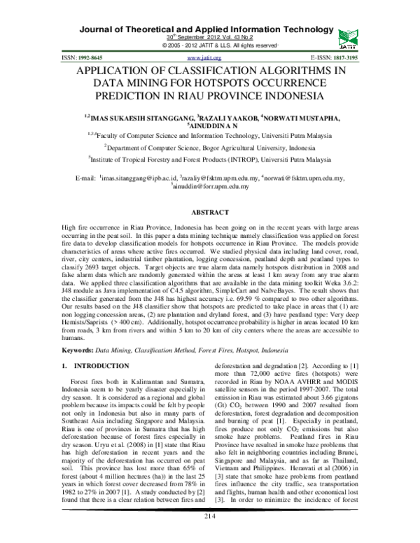 Pdf Application Of Classification Algorithms In Data Mining For Hotspots Occurrence Prediction