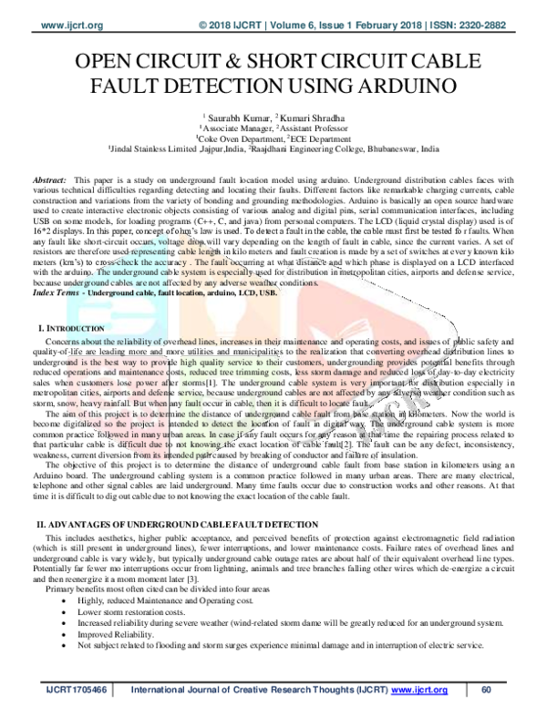 Pdf Open Circuit And Short Circuit Cable Fault Detection Using Arduino