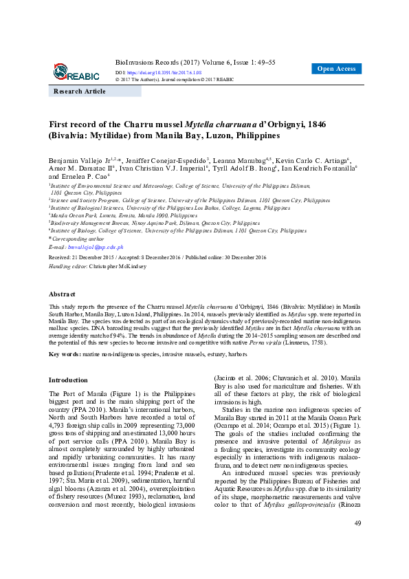 (PDF) First record of the Charru mussel Mytella charruana d’Orbignyi ...