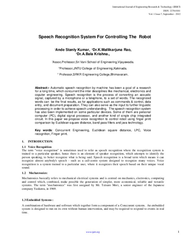 (PDF) Speech Recognition System For Controlling The Robot