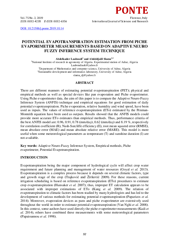 Pdf Potential Evapotranspiration Estimation From Piche Evaporimeter Measurements Based On