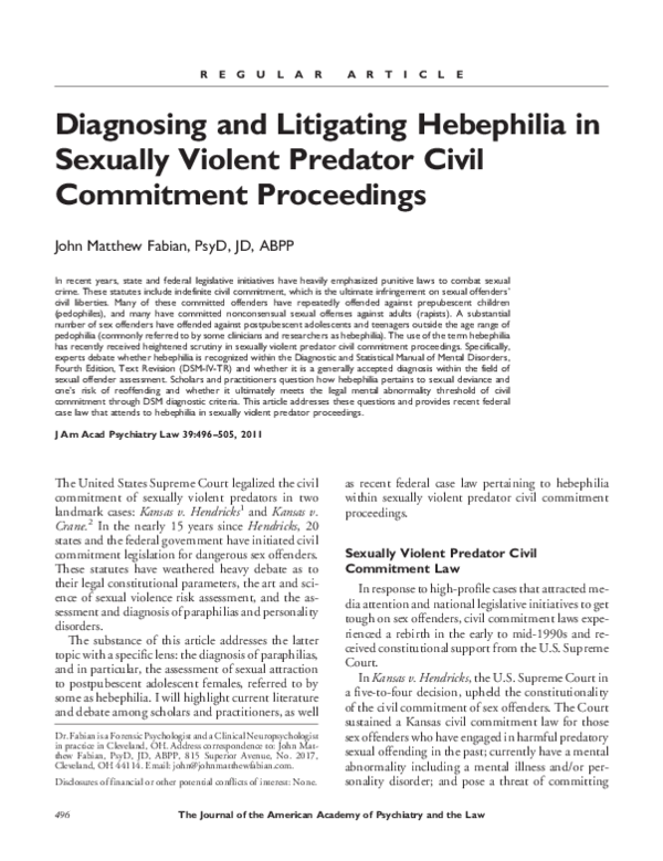 (PDF) Diagnosing and litigating hebephilia in sexually violent predator ...