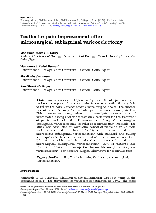 (PDF) Testicular pain improvement after microsurgical subinguinal ...