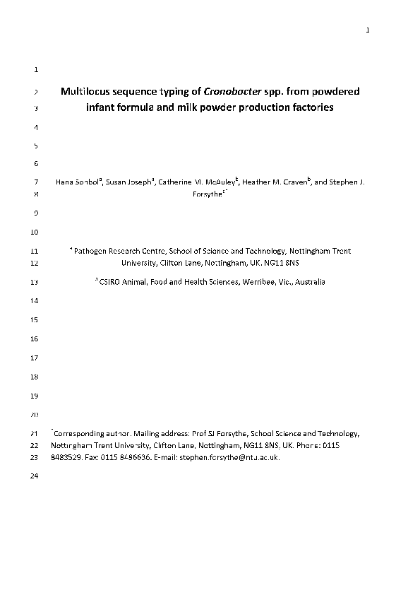 (PDF) Multilocus sequence typing of Cronobacter spp. from powdered infant formula and milk ...