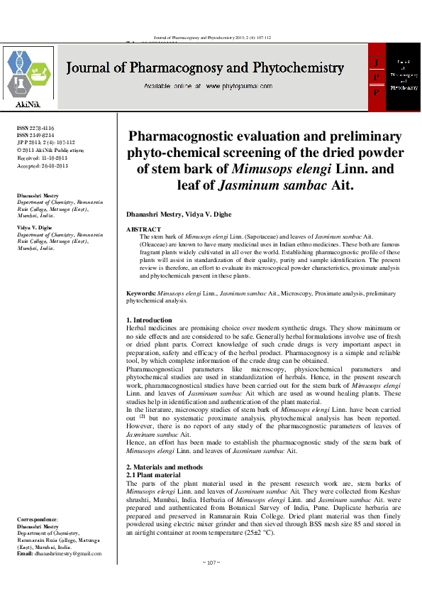(PDF) Pharmacognostic Evaluation and Preliminary Phytochemical Screening on the Leaves of ...