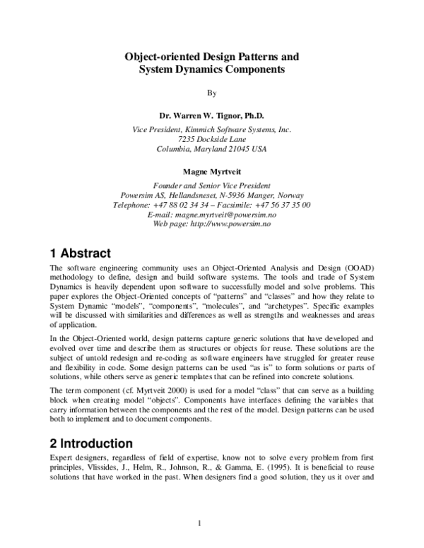 (PDF) 1 Object-oriented Design Patterns and System Dynamics Components By