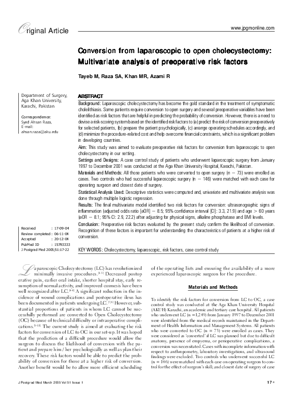 (PDF) Conversion from laparoscopic to open cholecystectomy: Multivariate analysis of ...