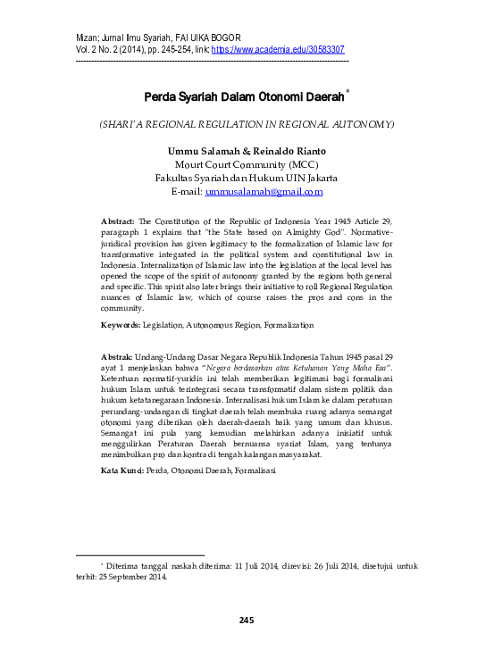 (PDF) Perda Syariah Dalam Otonomi Daerah