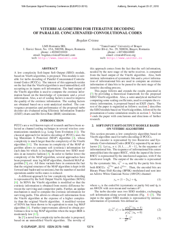 (PDF) Viterbi Algorithm For Iterative Decoding Of Parallel Concatenated Convolutional Codes