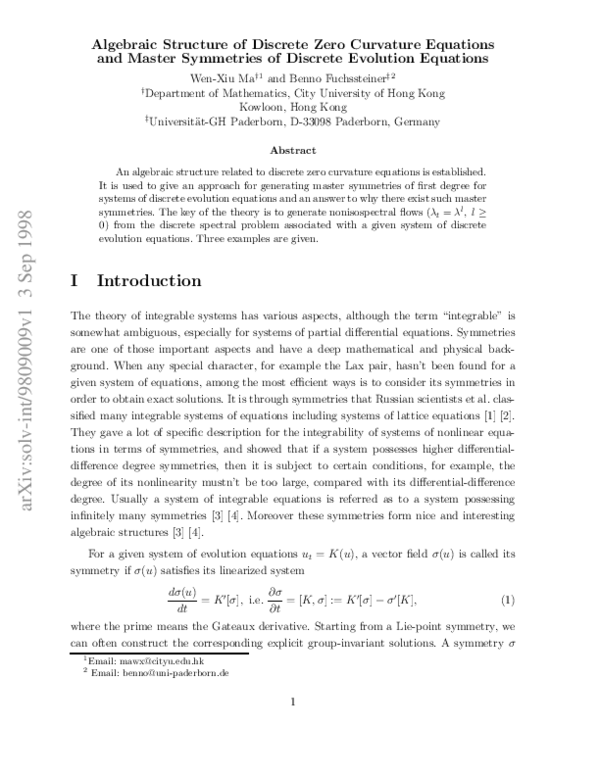 (PDF) Algebraic structure of discrete zero curvature equations and master symmetries of discrete ...