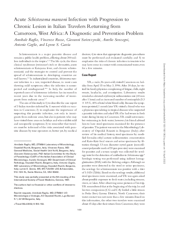 (PDF) Acute Schistosoma mansoni Infection with Progression to Chronic ...