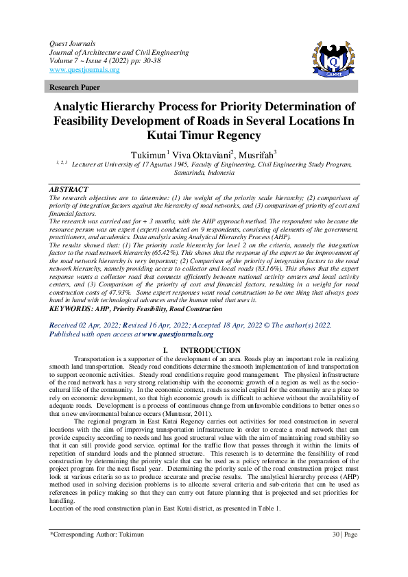 Pdf Analytic Hierarchy Process For Priority Determination Of Feasibility Development Of Roads