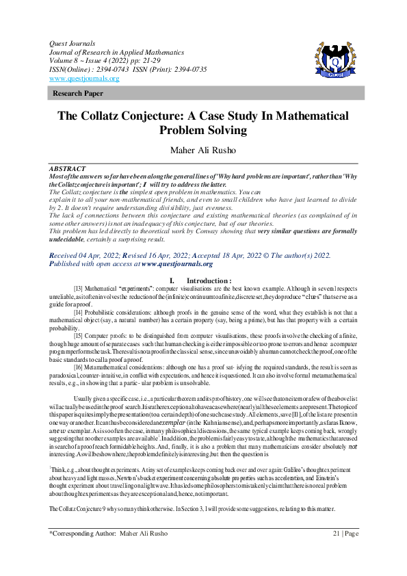 (PDF) The Collatz Conjecture: A Case Study In Mathematical Problem Solving