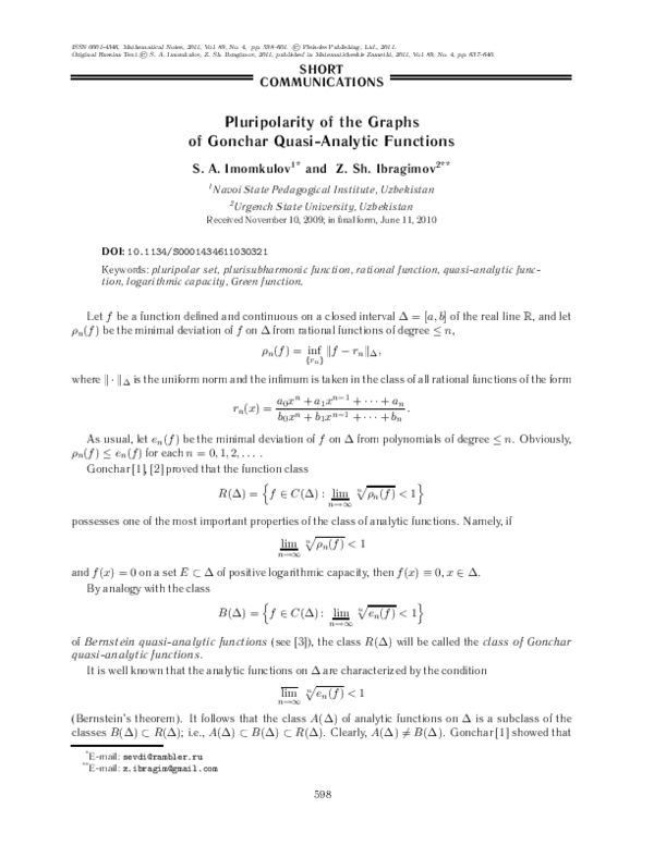 (PDF) Pluripolarity of the graphs of Gonchar quasi-analytic functions | Zafar Ibragimov ...