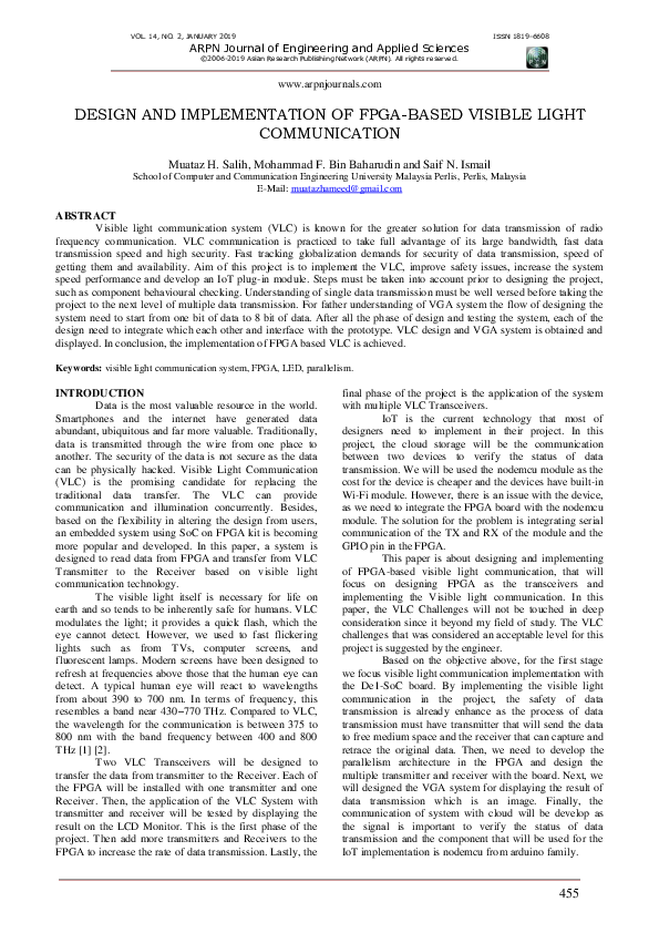 Pdf Design And Implementation Of Fpga Based Visible Light Communication