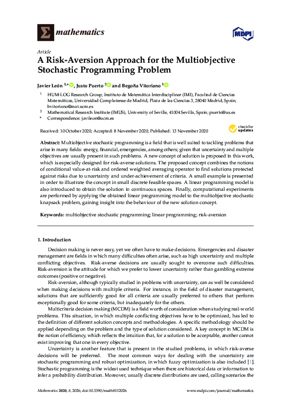 Pdf A Risk Aversion Approach For The Multiobjective Stochastic Programming Problem Begoña