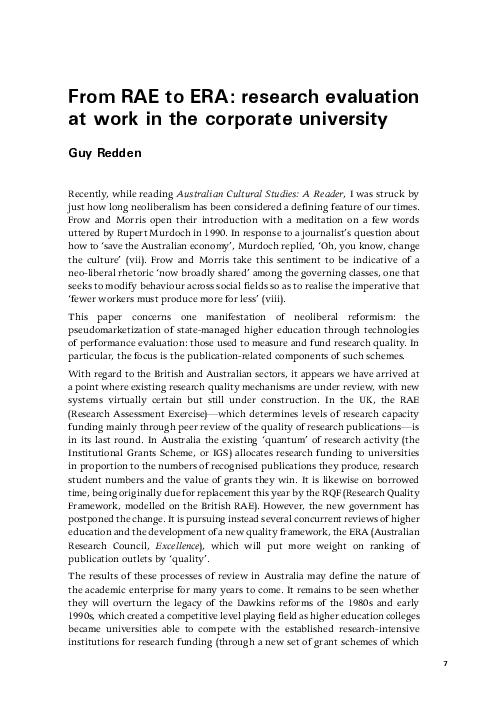 From RAE to ERA: research evaluation at work in the corporate university