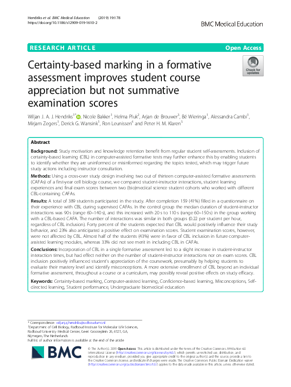 (PDF) Certainty-based marking in a formative assessment improves ...