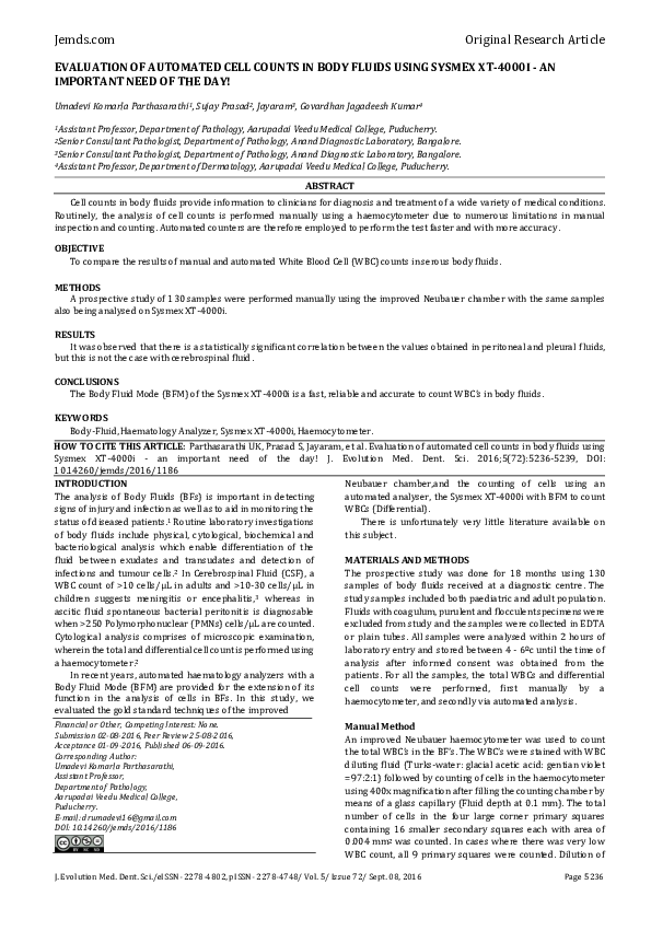 (PDF) Evaluation of Automated Cell Counts in Body Fluids Using Sysmex ...