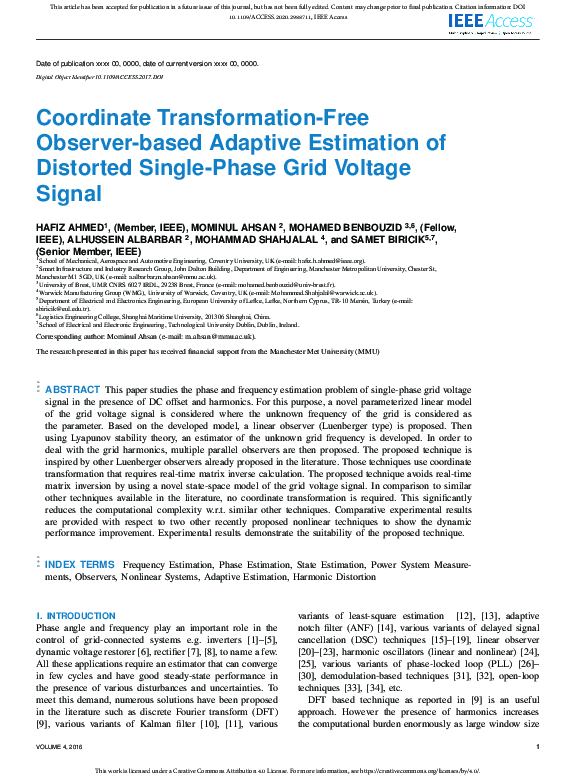 (PDF) Coordinate Transformation-Free Observer-based Adaptive Estimation of Distorted Single ...