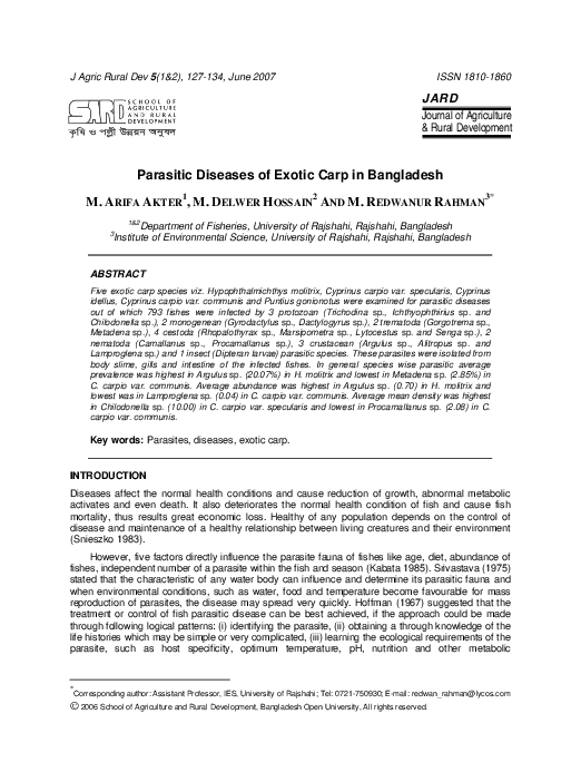 (PDF) Parasitic Diseases of Exotic Carp in Bangladesh