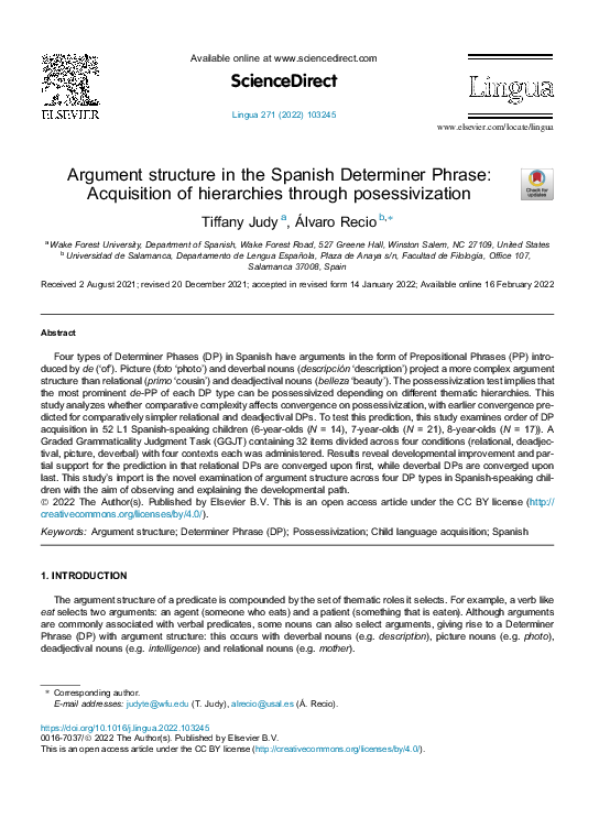 (PDF) Argument structure in the Spanish Determiner Phrase: Acquisition ...