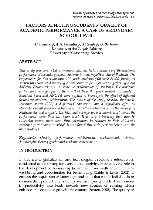 (PDF) Factors Affecting Students'Quality of Academic Performance: A Case of Secondary School Level