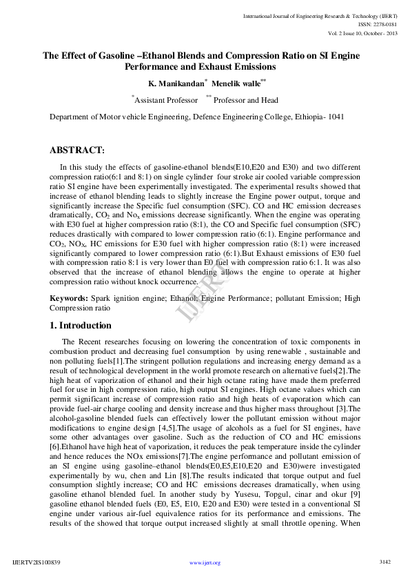 (PDF) The Effect of Gasoline -Ethanol Blends and Compression Ratio on SI Engine Performance and ...