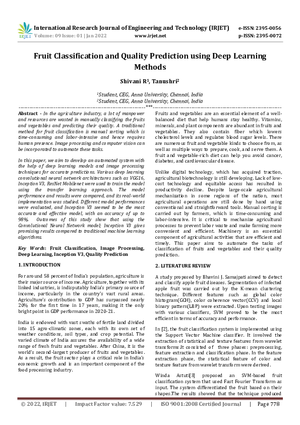 Pdf Fruit Classification And Quality Prediction Using Deep Learning Methods