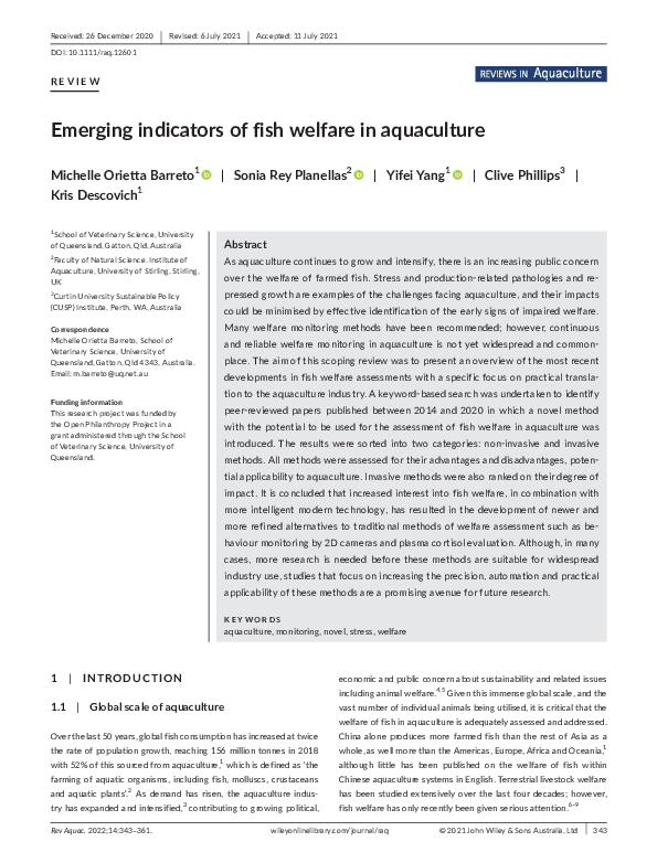 (PDF) Emerging indicators of fish welfare in aquaculture