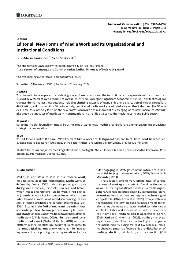 (PDF) Editorial: New Forms of Media Work and Its Organizational and ...