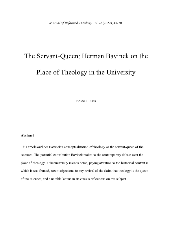 (DOC) The Servant-Queen: Herman Bavinck on the Place of Theology in the ...