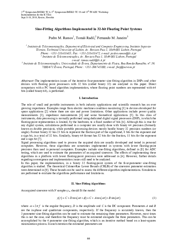 (PDF) Sine-Fitting Algorithms Implemented in 32-bit Floating Point Systems