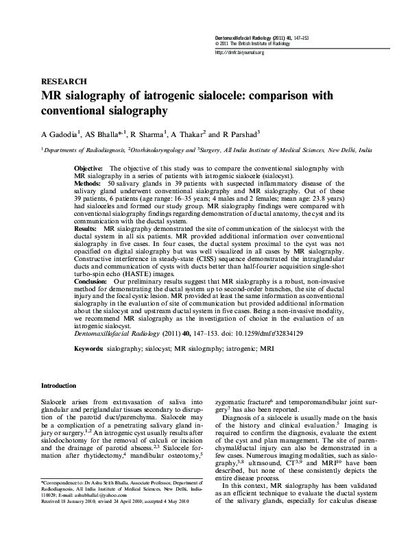 (PDF) MR sialography of iatrogenic sialocele: comparison with ...
