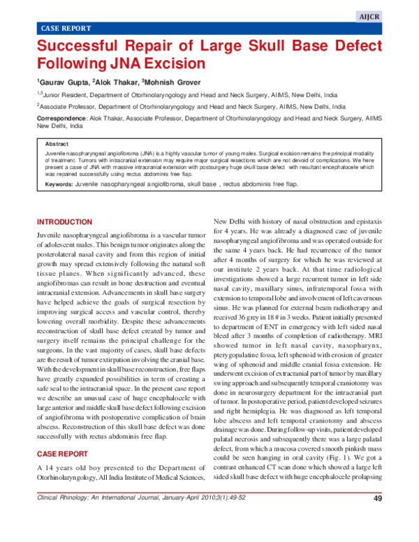 (PDF) Successful Repair of Large Skull Base Defect Following JNA Excision