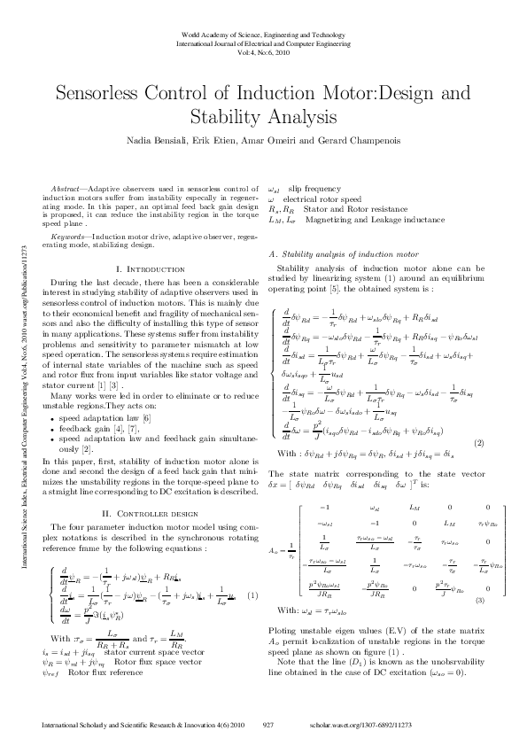 (PDF) Sensorless Control Of Induction Motor: Design And Stability Analysis